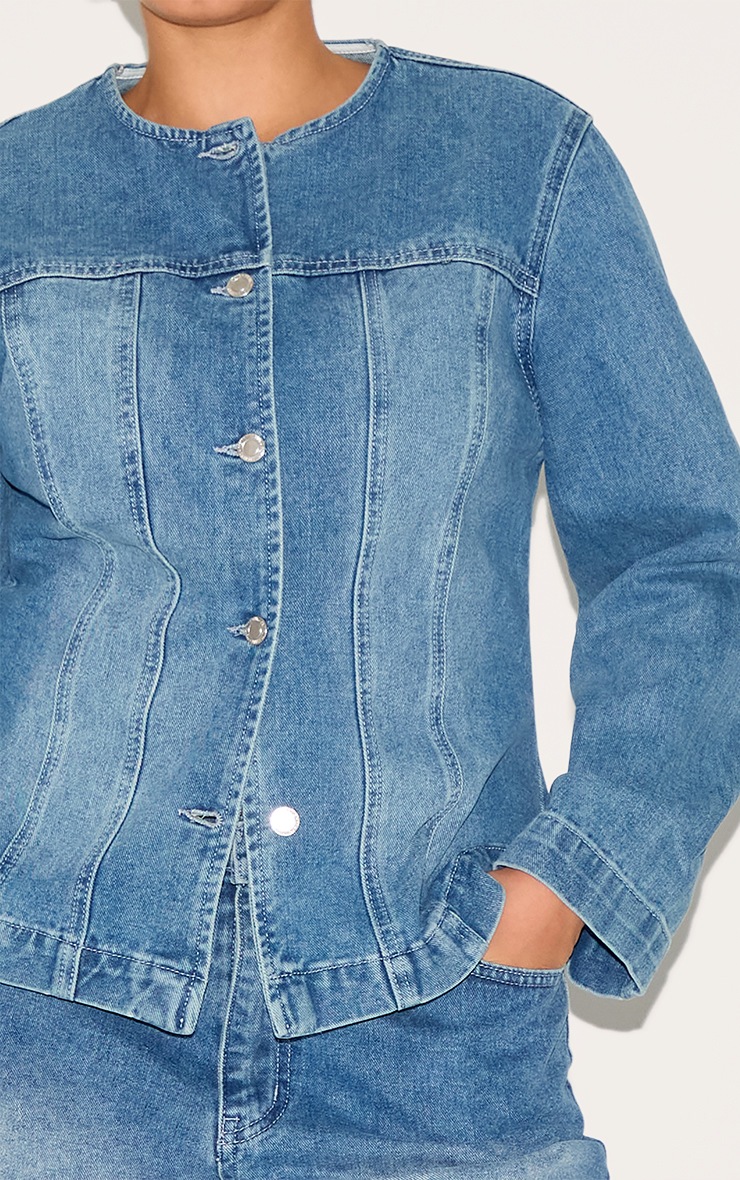 Plus Mid Blue Wash Mid Blue Wash Cinched Round Neck Denim Jacket | Plus ...