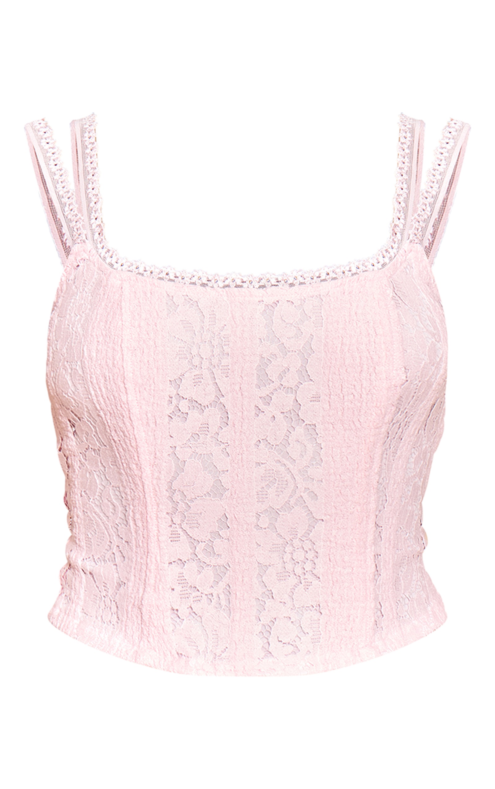 Pale Rose Lace Detail Strappy Cropped Corset Top | Tops | PLT