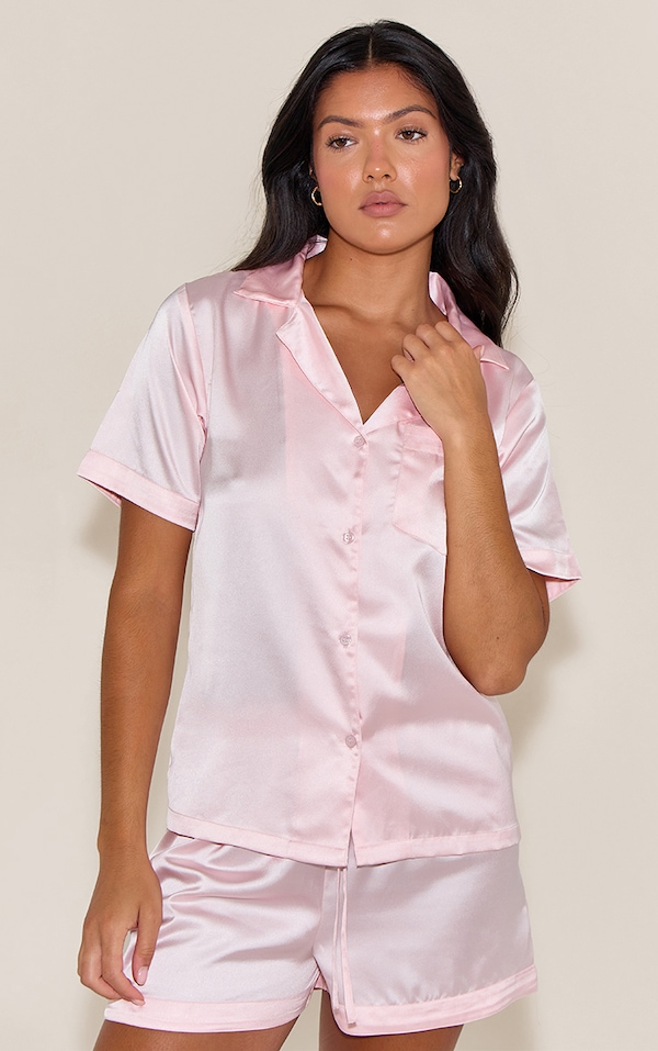 Pink Satin Short Sleeve Short Pj Set | Lingerie & Nightwear | PLT