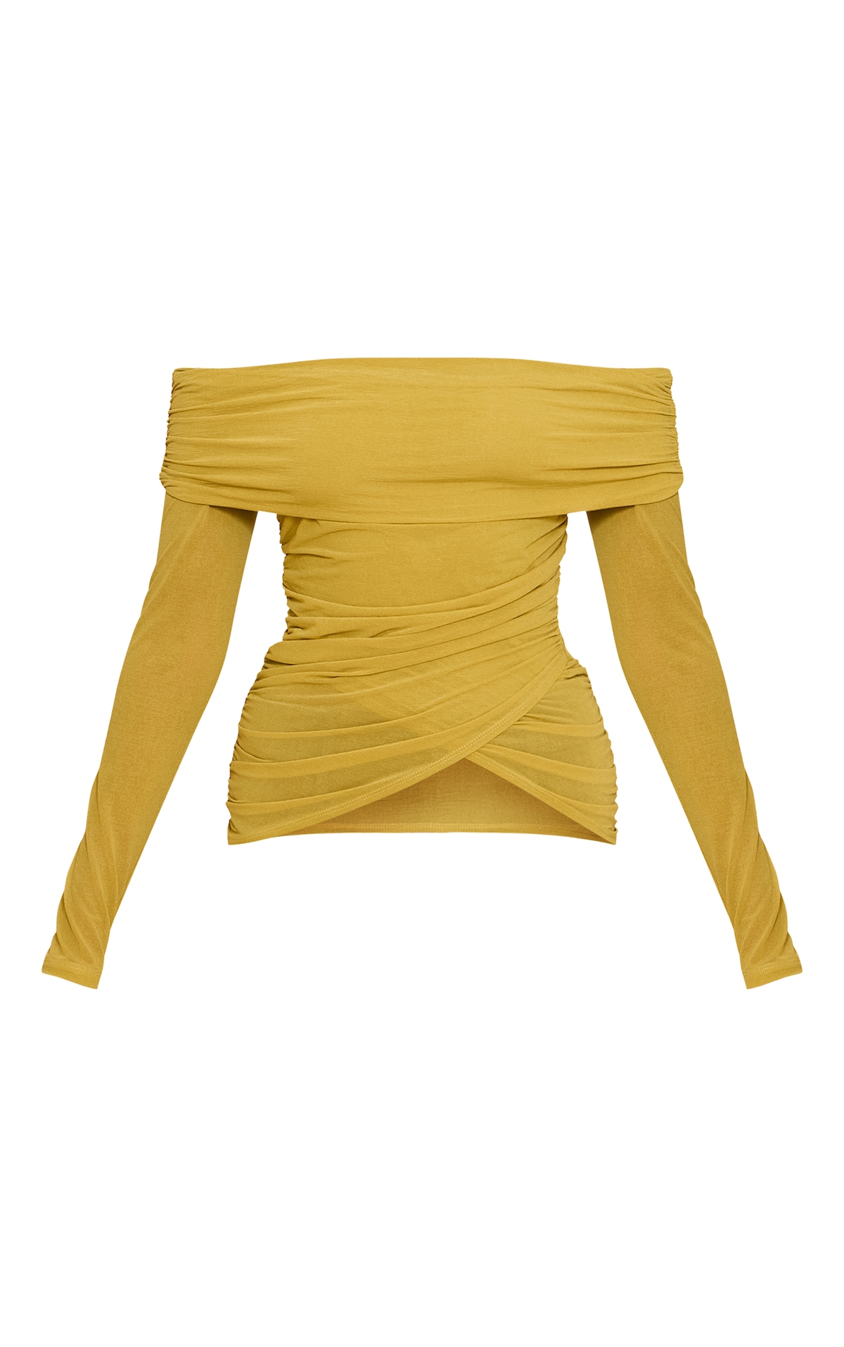 Olive Stretch Chiffon Ruching Bardot Top | Tops | PLT USA