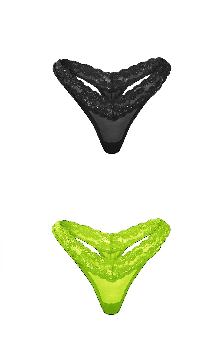Multi Plt Label Black Lime Lace V 2 Pack Thong | PrettyLittleThing