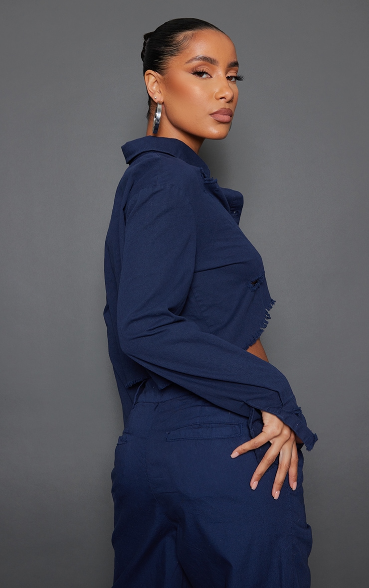 Navy Cargo Distressed Crop Shirt | Tops | PrettyLittleThing