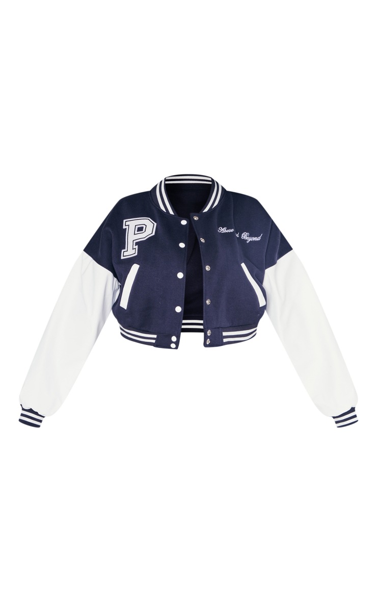 Plus Navy Varsity Contrast Sleeve Bomber Jacket | Plus Size | PLT