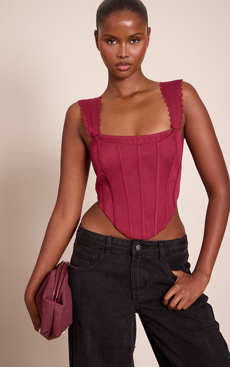 Wine Woven Scallop Trim Bonded Corset | Tops | PLT