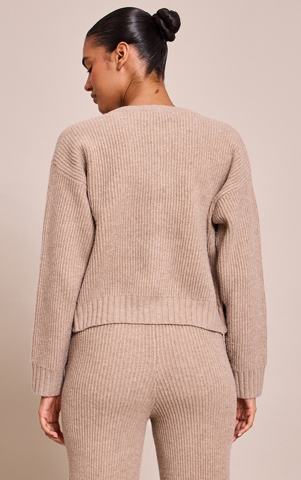 Taupe Brushed Rib Knit Zip Through Cardigan | Knitwear | PLT