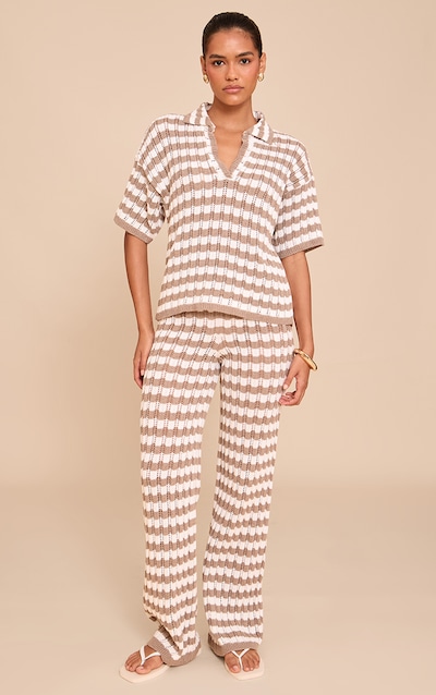 Mocha Crochet Stripe Rugby Knit Top | Knitwear | PrettyLittleThing USA