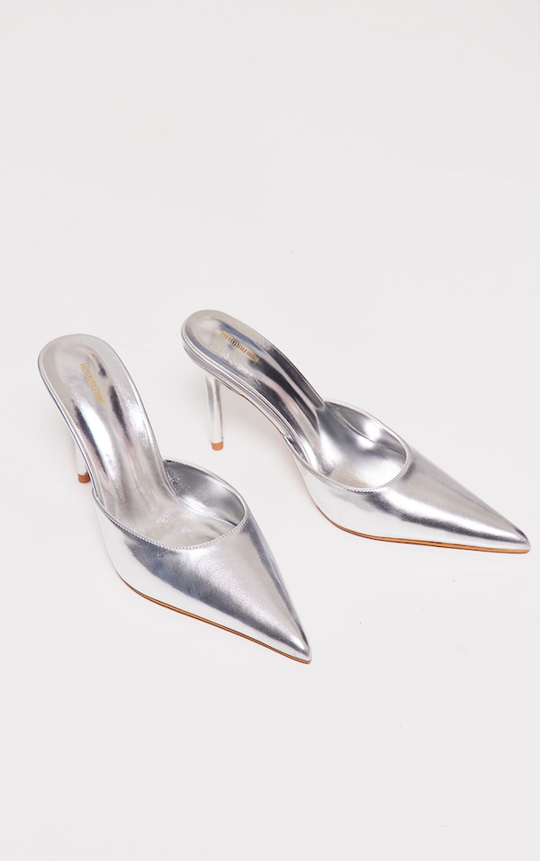 Silver Metallic Point Toe High Heeled Court Mules | Footwear ...