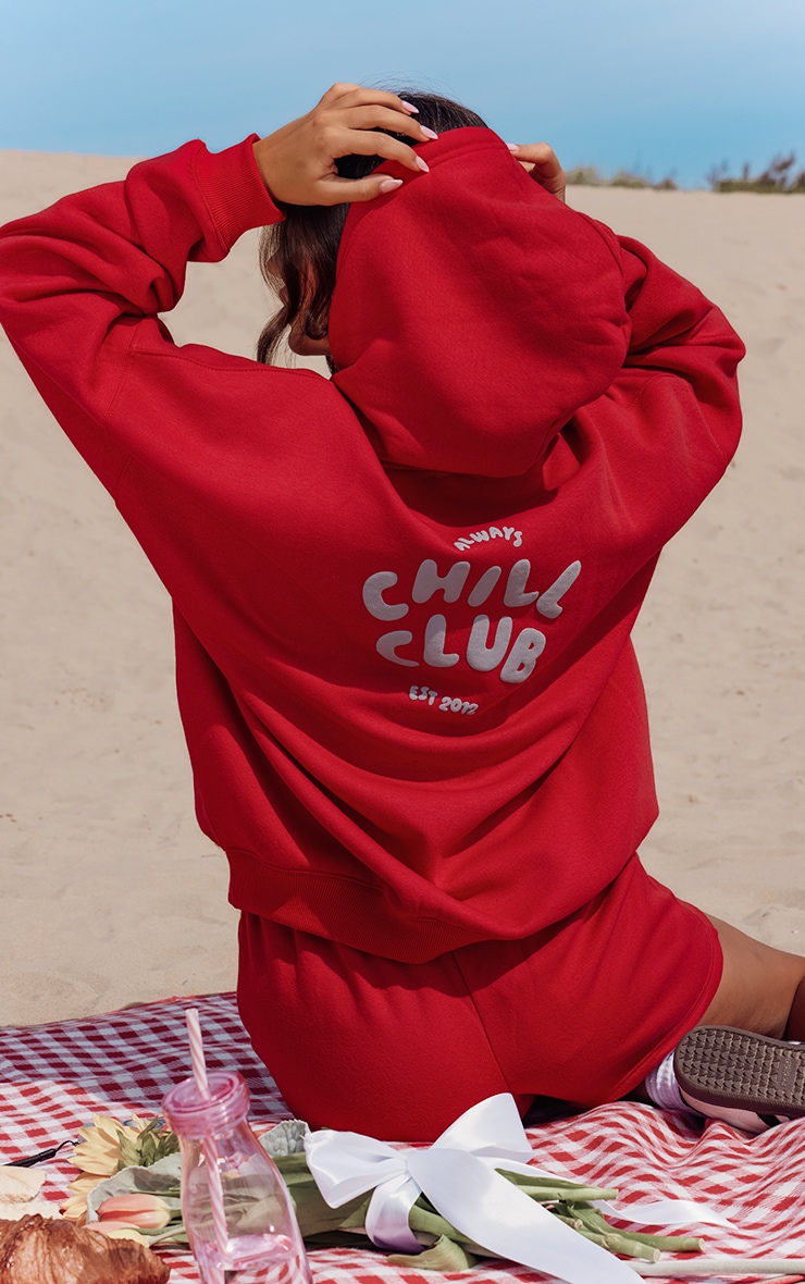 Ruby Red Chill Club Puff Print Oversized Hoodie | PrettyLittleThing