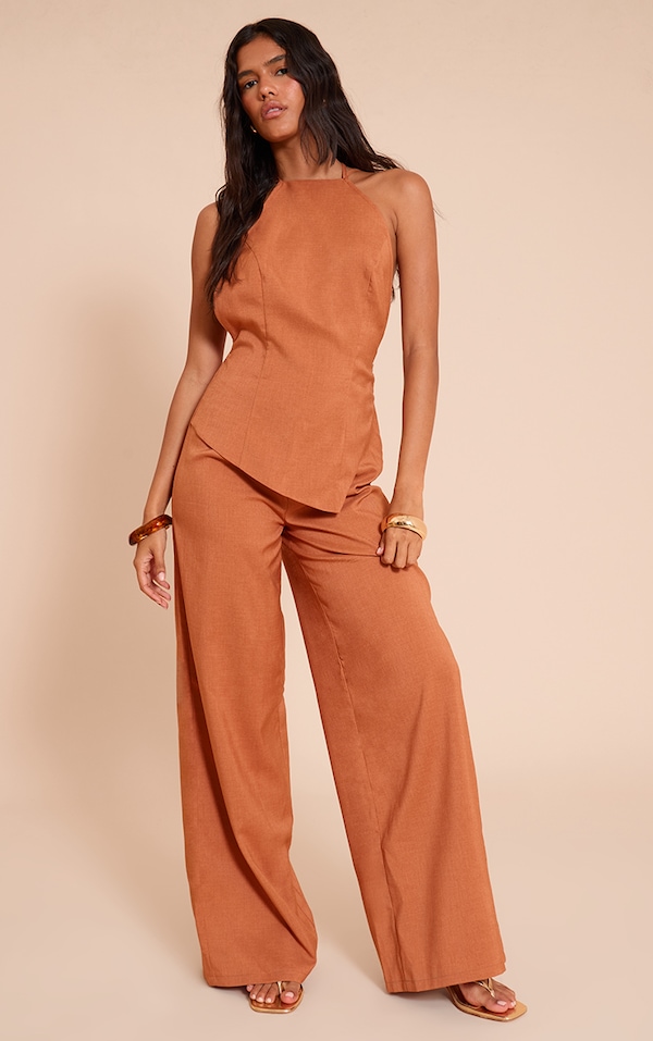 Rust Textured Woven Halter Neck Jumpsuit | Dresses | PLT