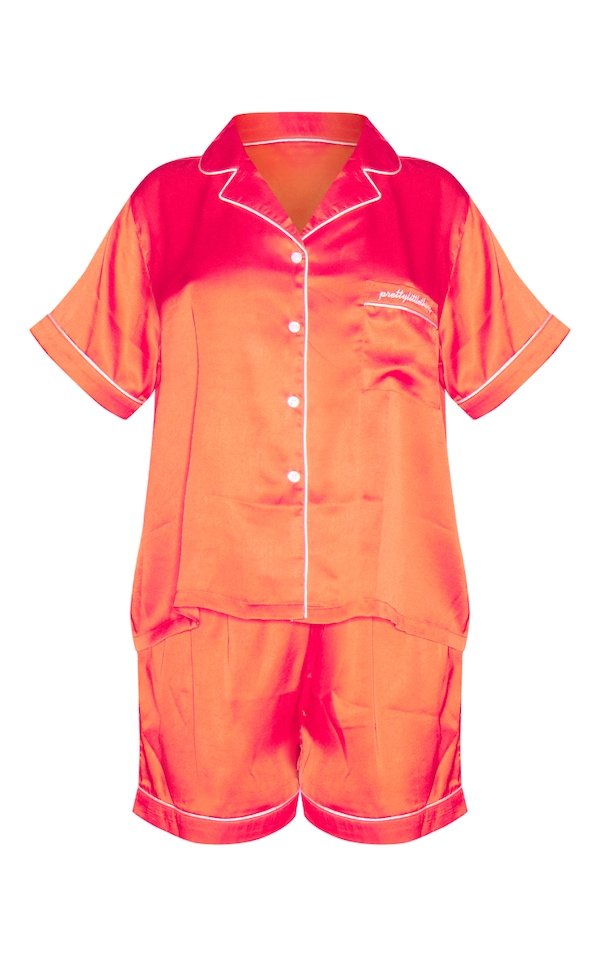 Plt Red Satin Embroidered Shorts Pajama Set | PrettyLittleThing