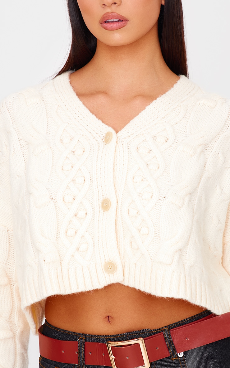 Cream Textured Cable Knit Cropped Cardigan | Knitwear | PLT