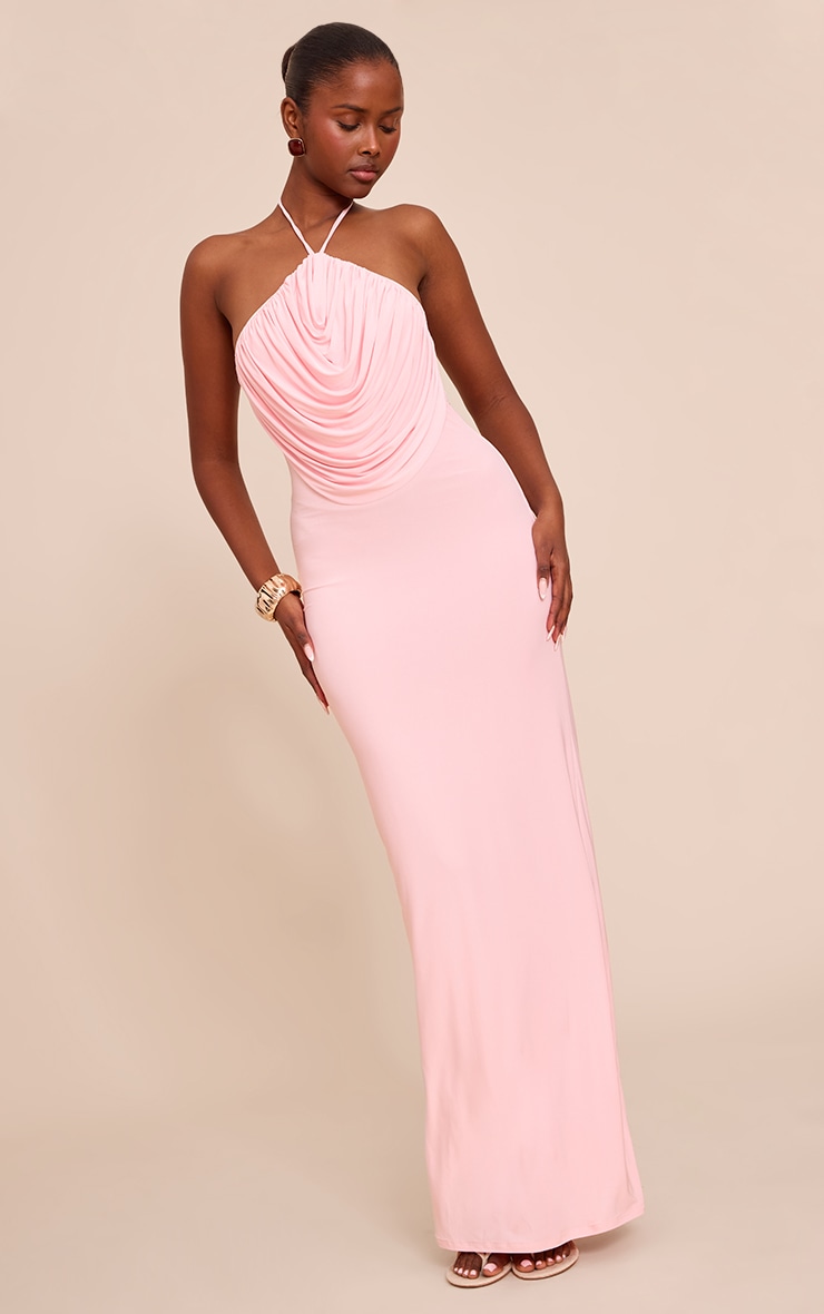 Baby Pink Slinky Halterneck Draped Maxi Dress | Dresses | PLT