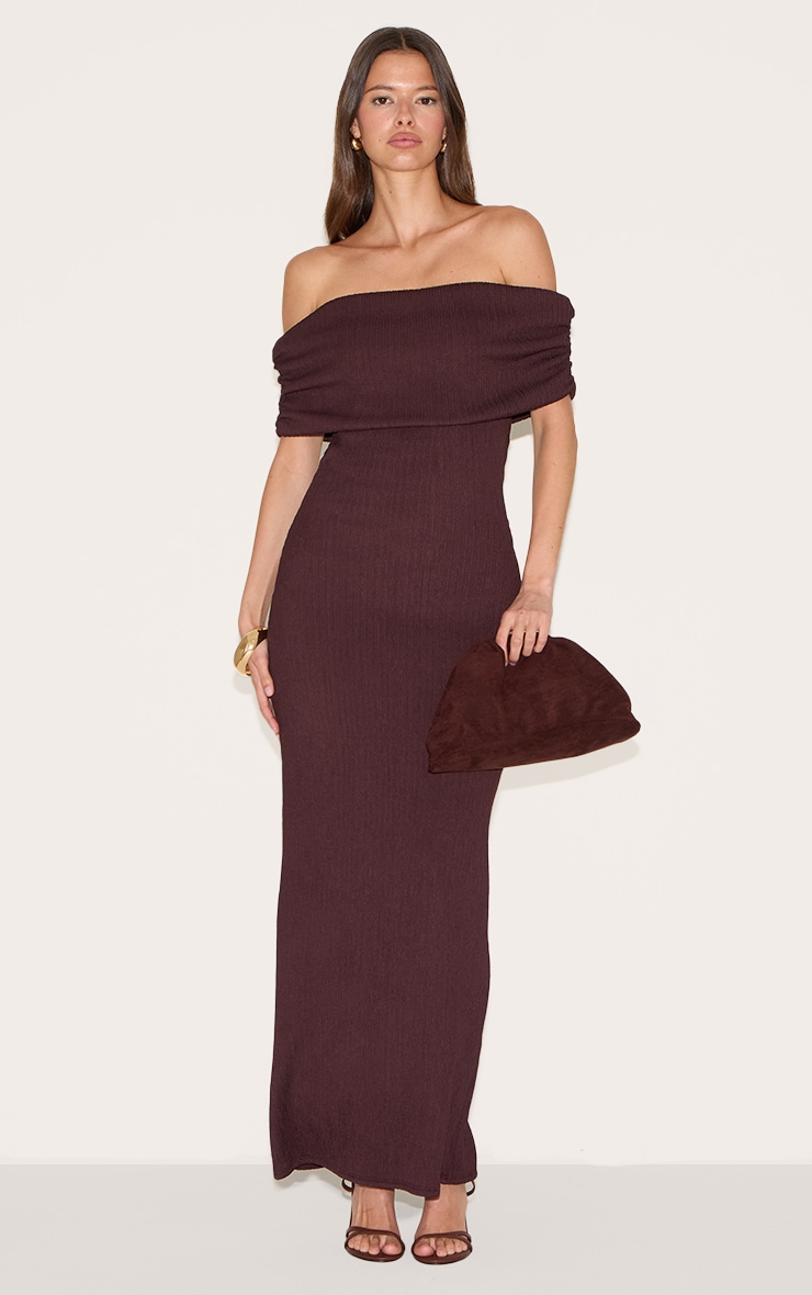 Chocolate Textured Fold Over Bardot Maxi Dress | Dresses | PLT
