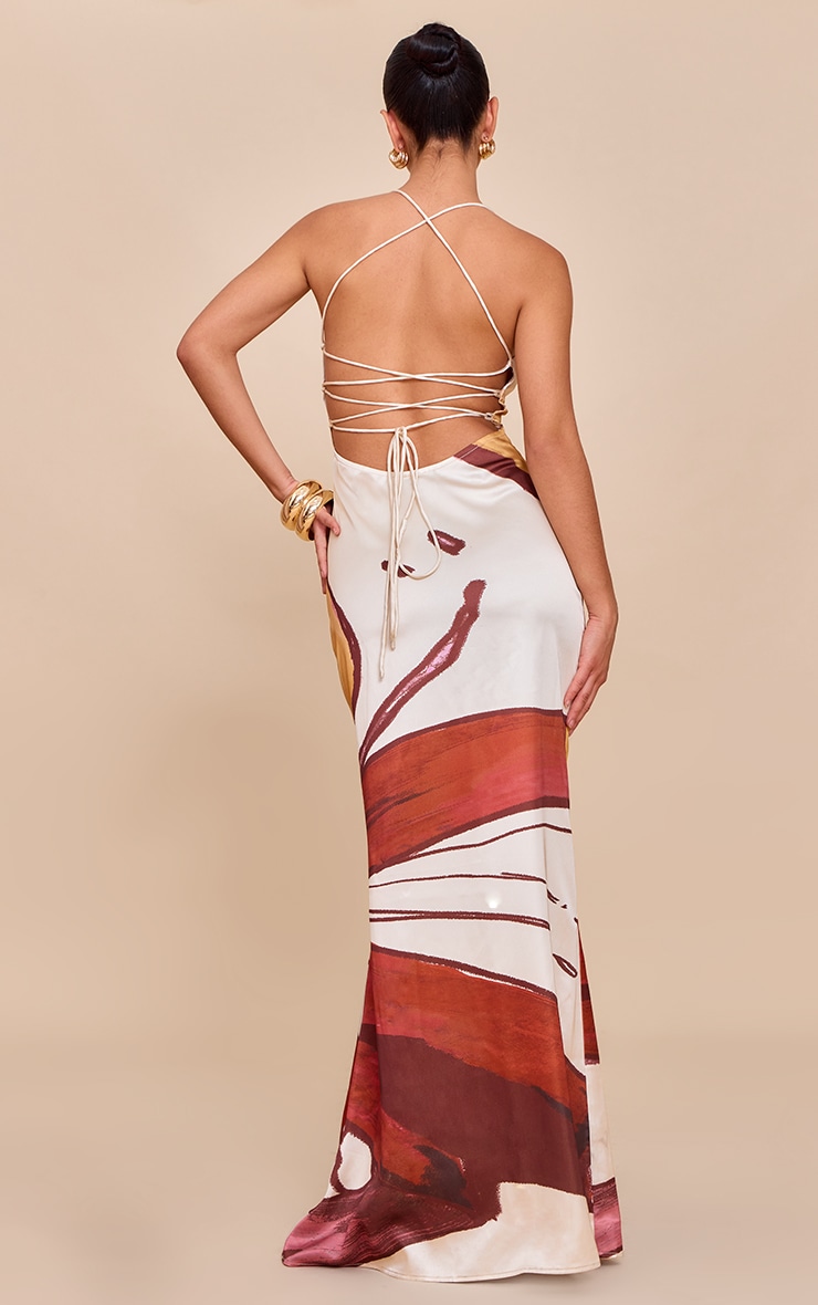 Beige Floral Print Satin Tie Back Maxi Dress | Dresses | PLT AUS
