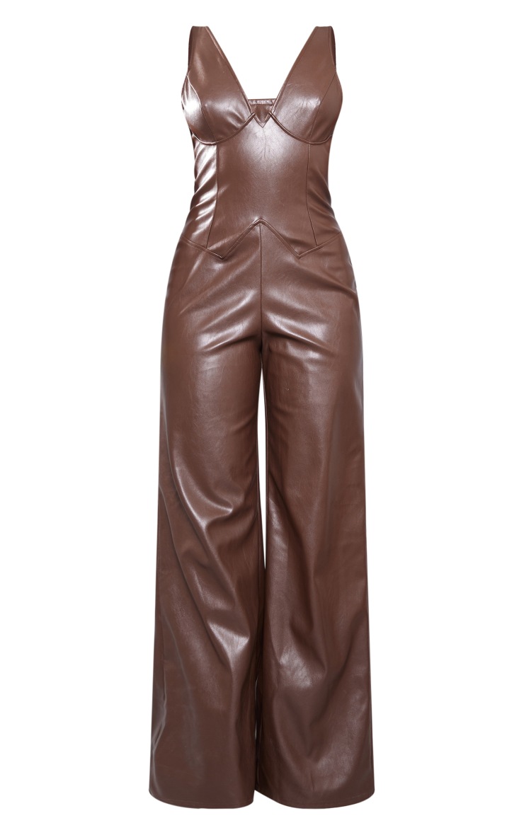 Chocolate Plunge Wide Leg Pu Jumpsuit | PrettyLittleThing USA