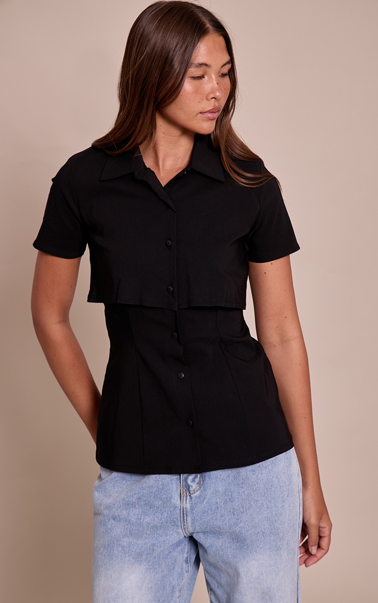 Black Stretch Woven Overlay Short Sleeve Shirt | Tops | PLT