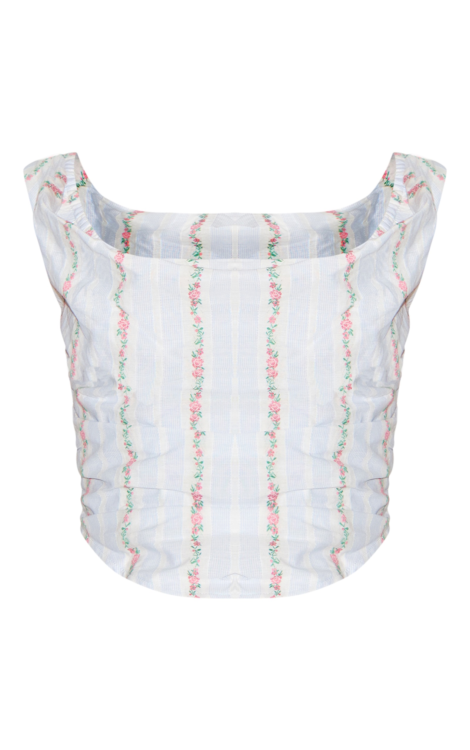 Pastel Blue Stripe Ditsy Print Ruched Corset Top | Tops | PLT USA