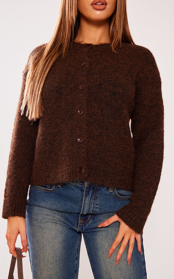 Petite Chocolate Marl Knitted Cardigan | PrettyLittleThing