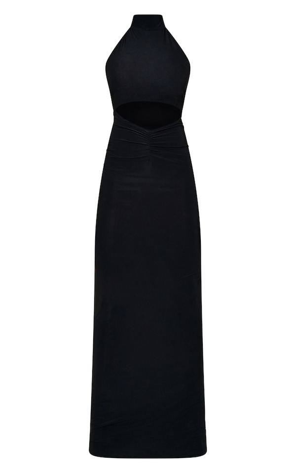Black Slinky High Neck Cut Out Ruched Maxi Dress | Dresses | PLT