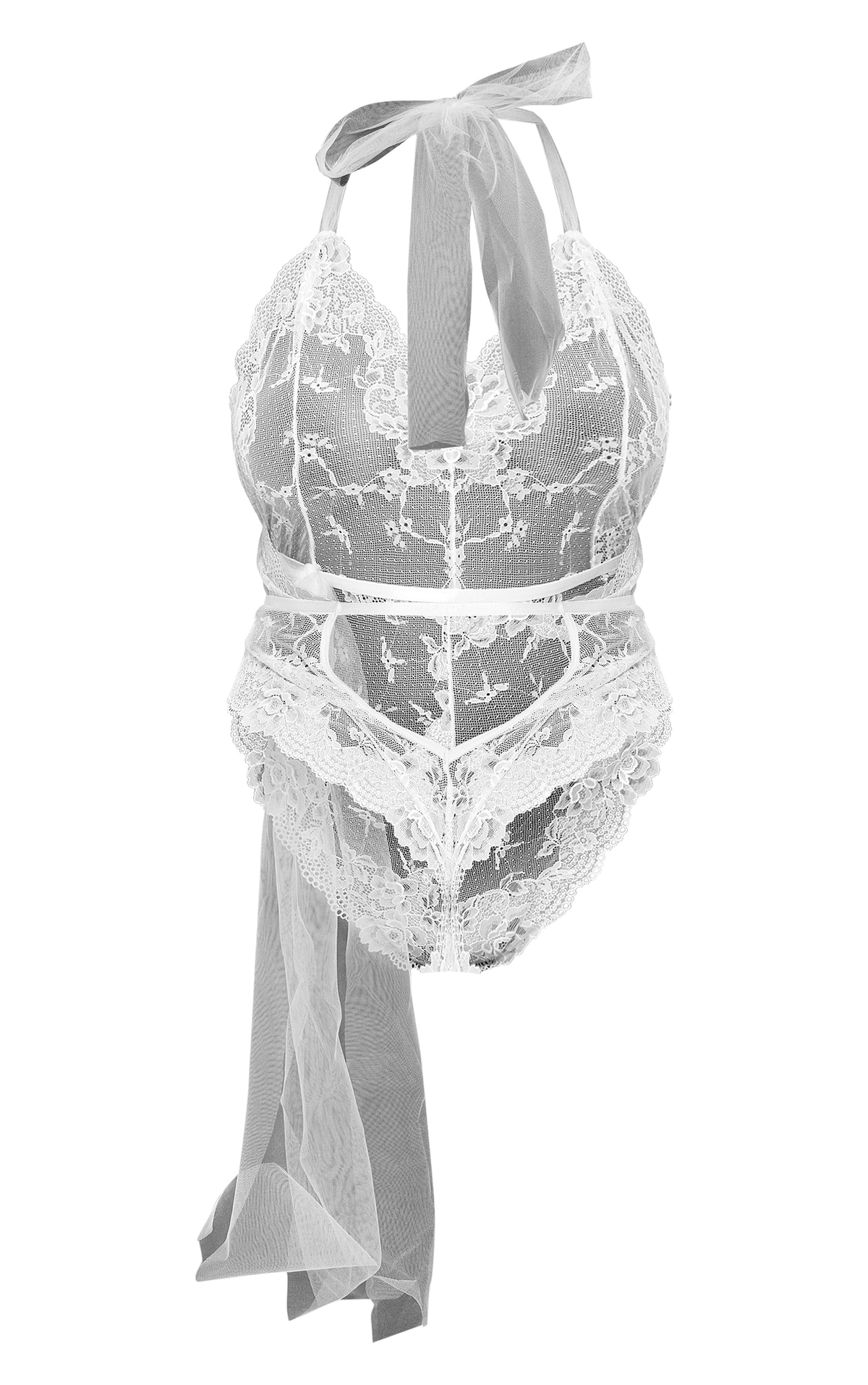 White Plus Mesh With Bow Halter Neck Bodysuit | Plus Size | PLT