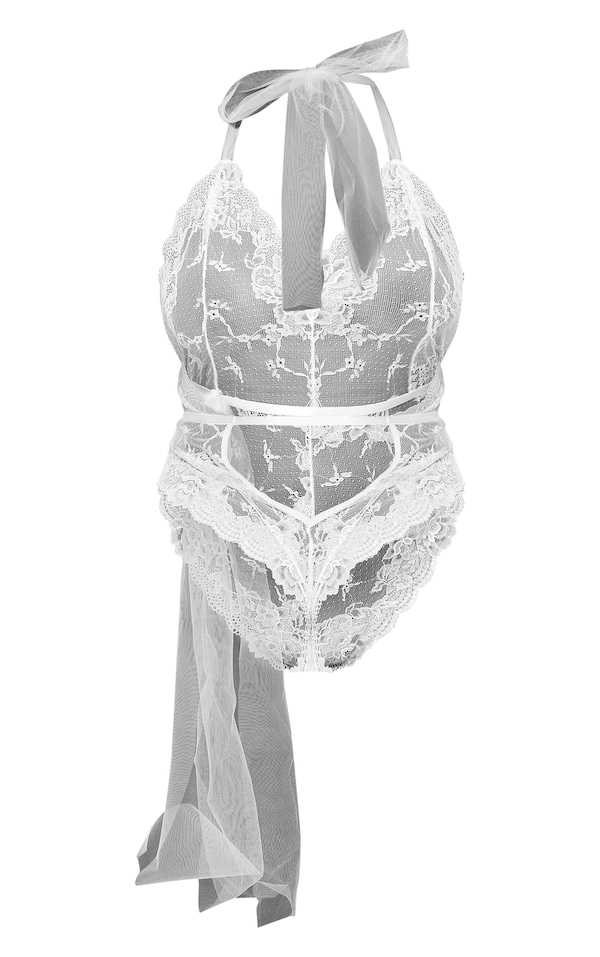 White Plus Mesh With Bow Halter Neck Bodysuit | Plus Size | PLT