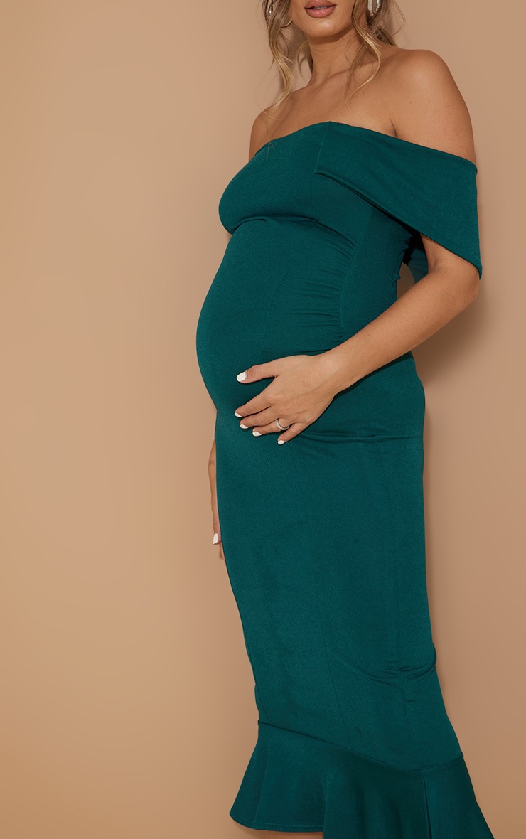 Maternity Emerald Green Bardot Frill Hem Dress | Maternity | PLT