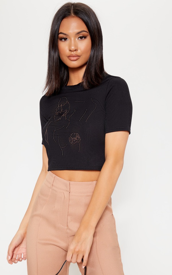 Black Embroidered Rib T Shirt | Tops | PrettyLittleThing CA