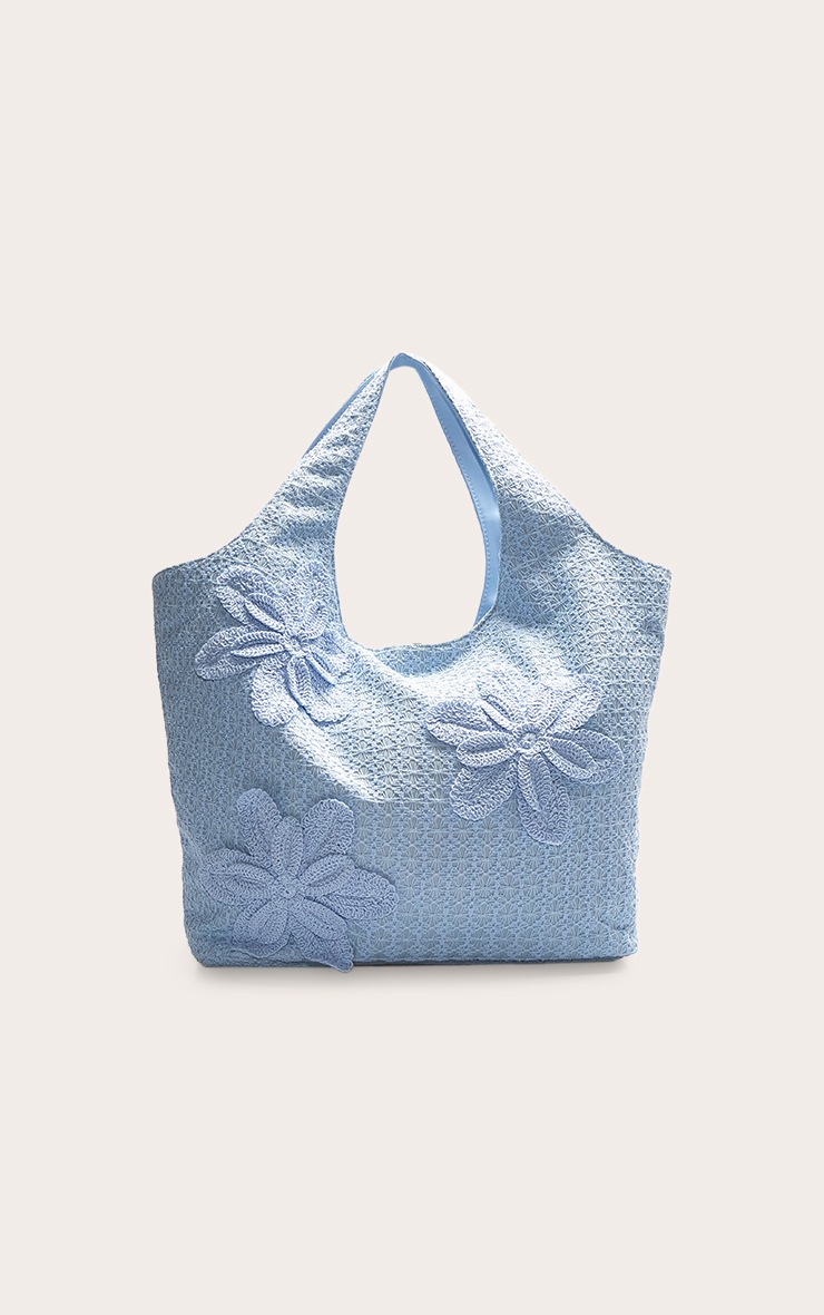 Blue Raffia Floral Placement Beach Tote Bag | Accessories | PLT USA