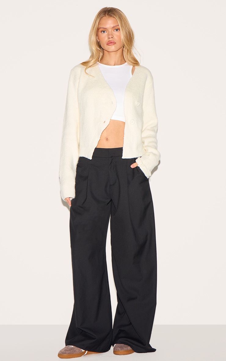 Cream Knit Asymmetric Button Cardigan | Knitwear | PLT