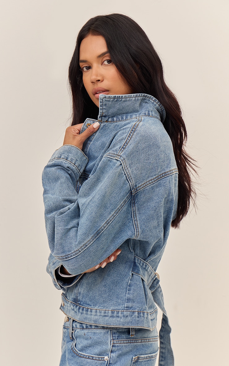 Mid Blue Wash Pleated Cinch Back Denim Jacket | Denim | PLT