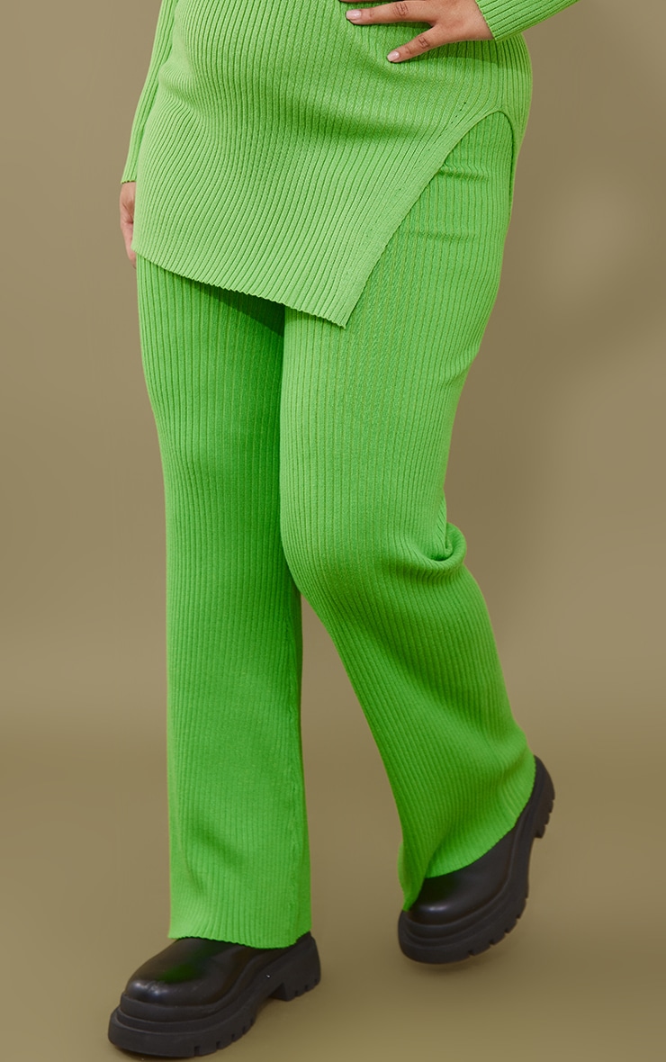 Plus Pantalon flare vert vif en maille tricot côtelée ...