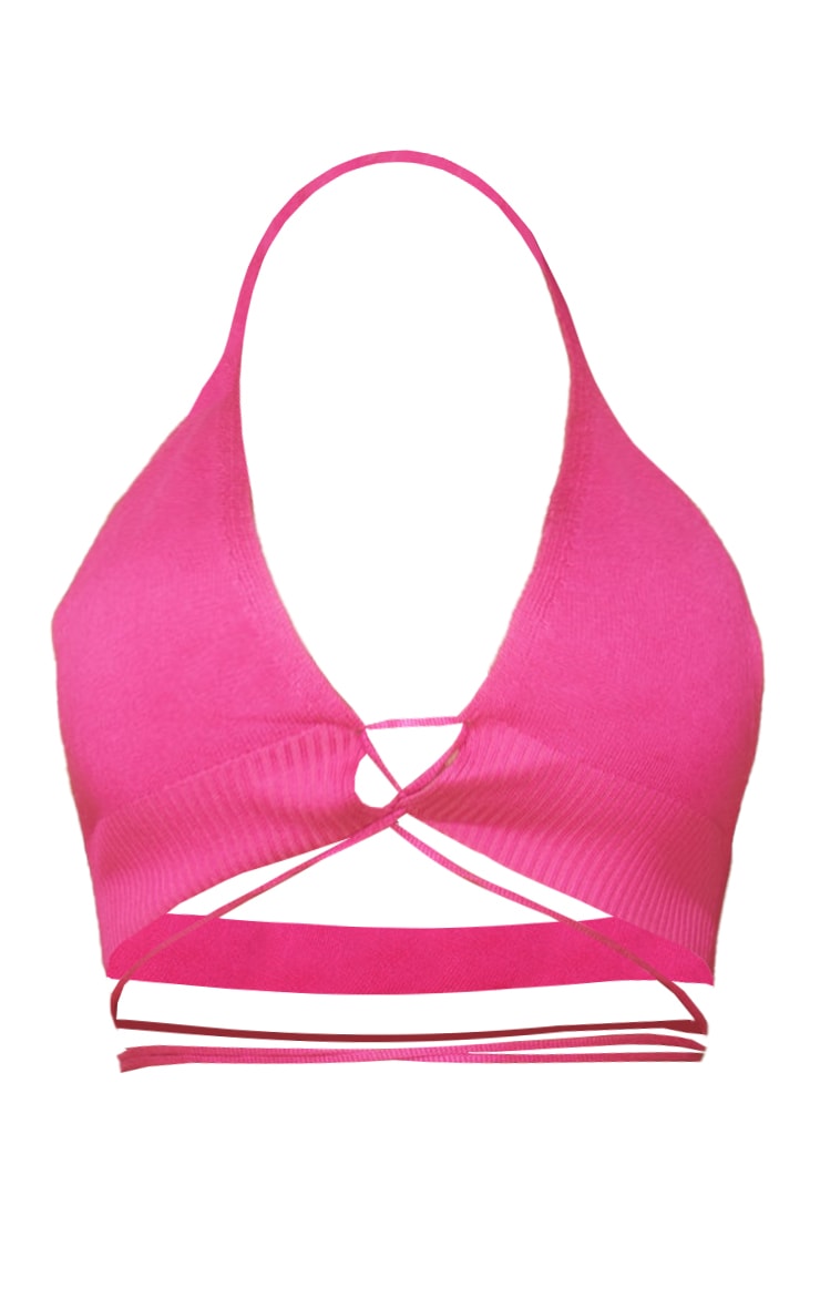 Shape Bright Pink Knit Halterneck Lace Up Bralet Prettylittlething
