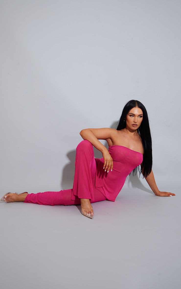 Bright Pink Sheer Mesh Split Hem Longline Bandeau | Co-ords | PLT