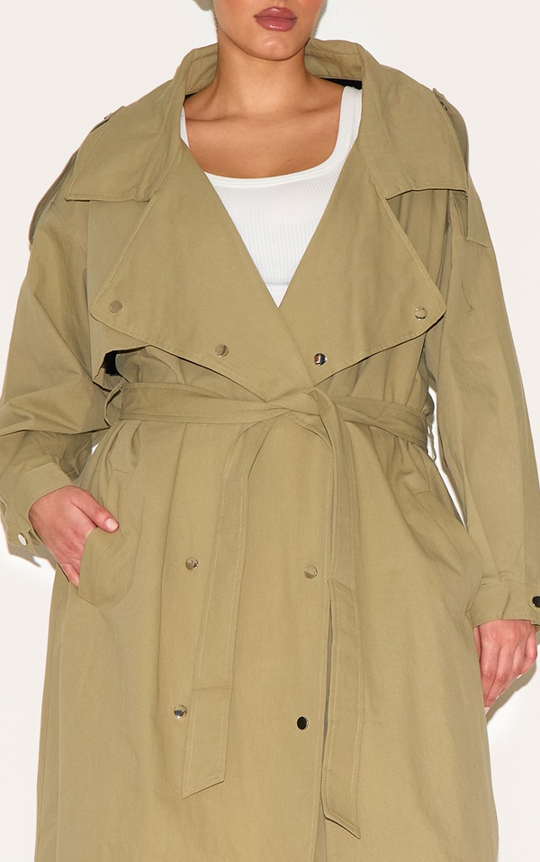 Plus Light Khaki Popper Detail Trench Coat | Plus Size ...