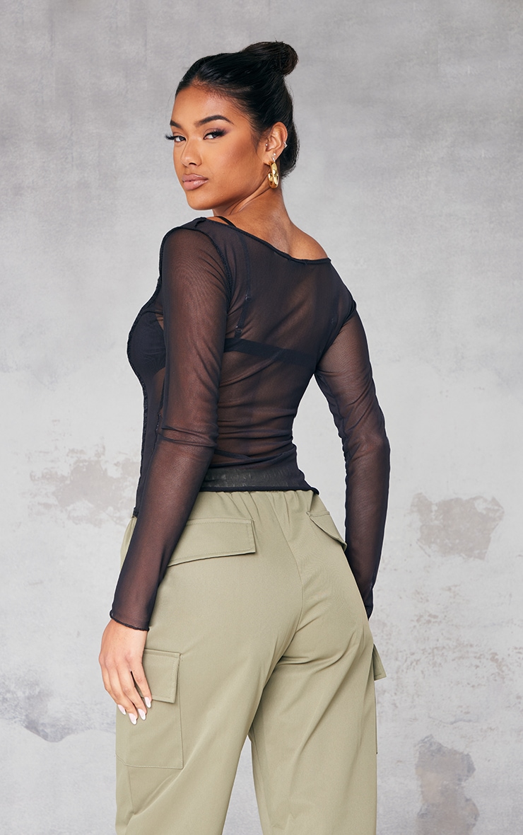 Black Mesh Overlock Seam Long Sleeve Top | PrettyLittleThing