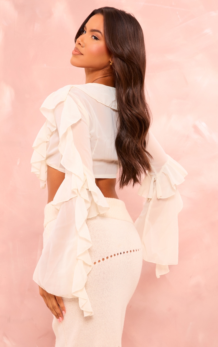 Cream Extreme Frill Tie Front Flare Sleeve Blouse | Tops ...