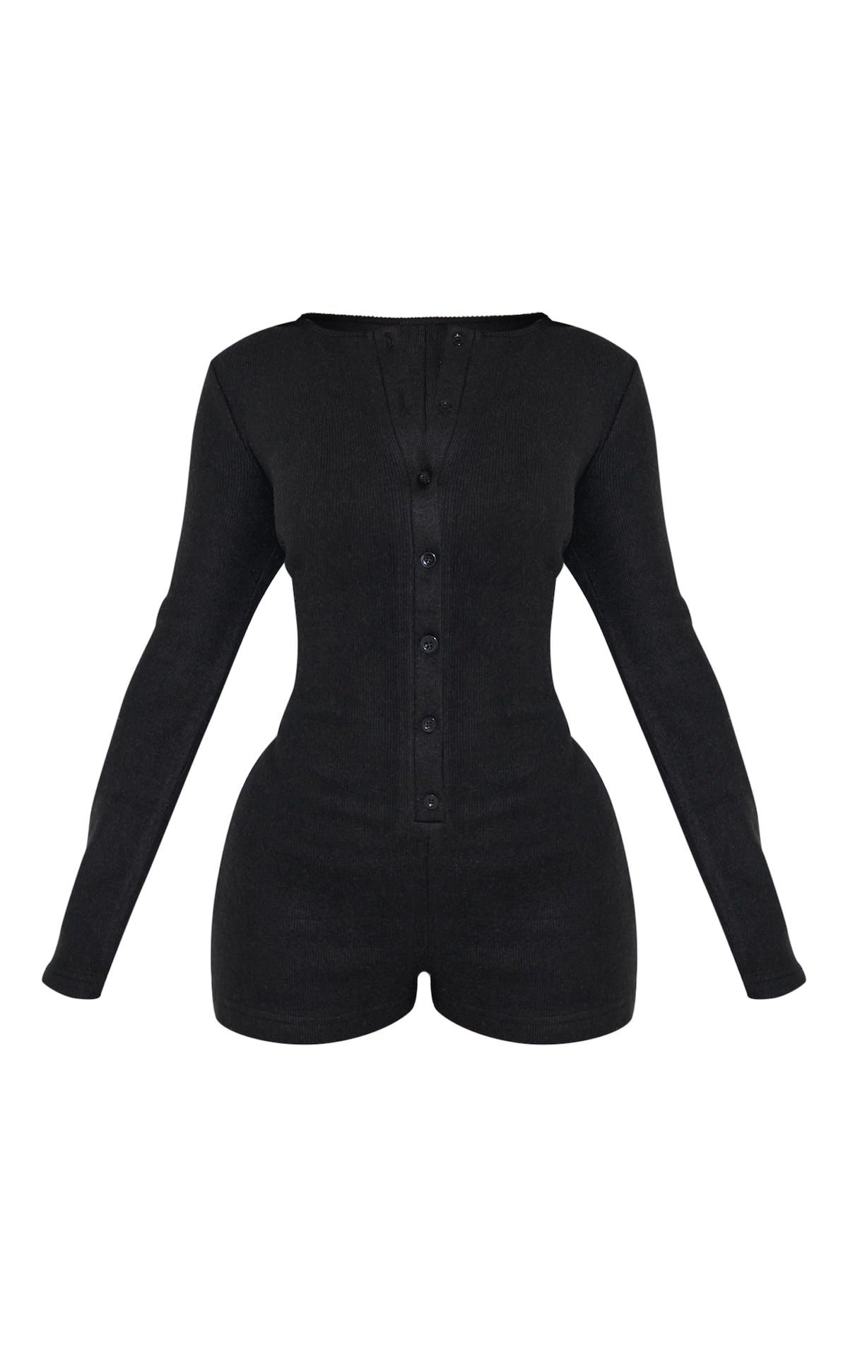 Petite Black Ribbed Long Sleeve Button Up Playsuit | Petite | PLT
