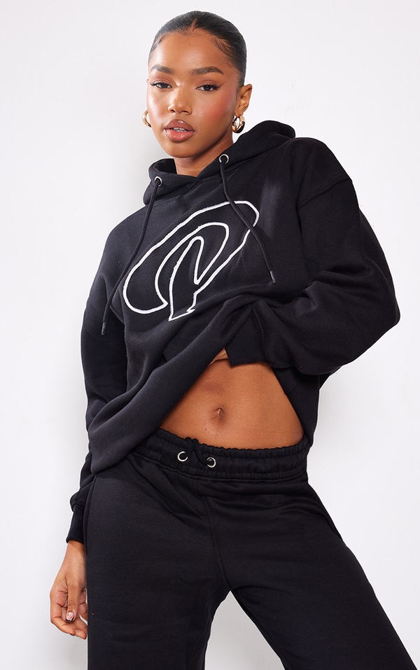 PLT Black Logo Embroidered Oversized Hoodie | Athleisure | PrettyLittleThing