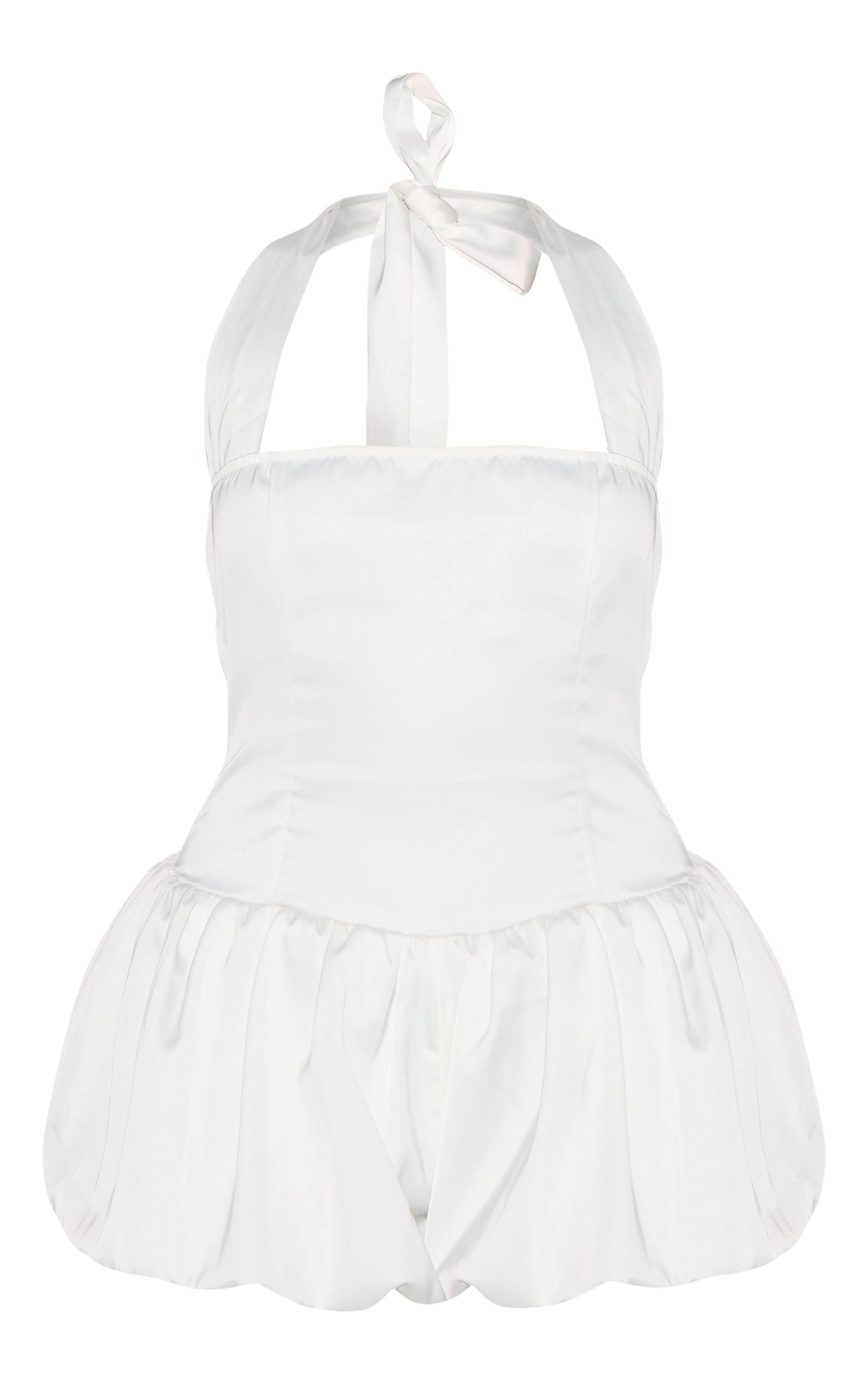 White Satin Halter Neck Puffball Playsuit Jumpsuits And Playsuits