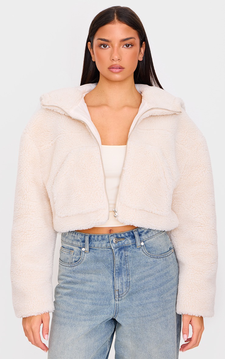 Cream Borg Hooded Pocket Detail Zip Up Jacket | Outerwear ...