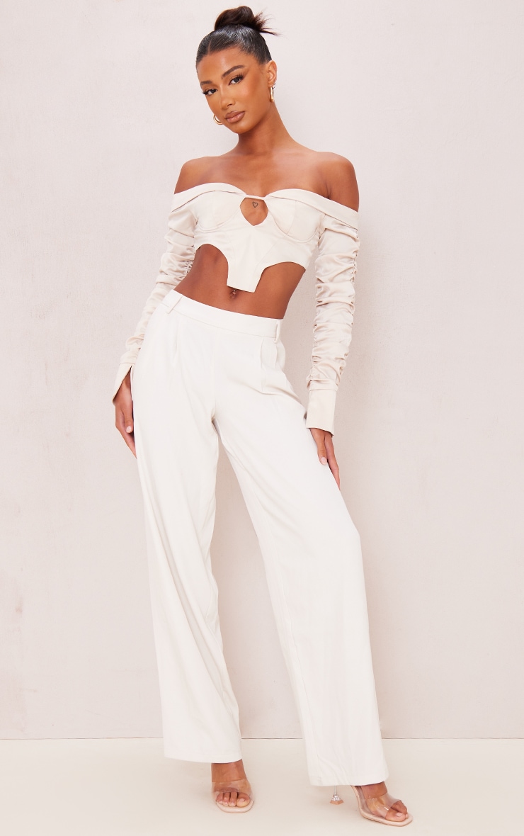 Cream Ruched Sleeve Dip Hem Crop Top | Tops | PrettyLittleThing AUS