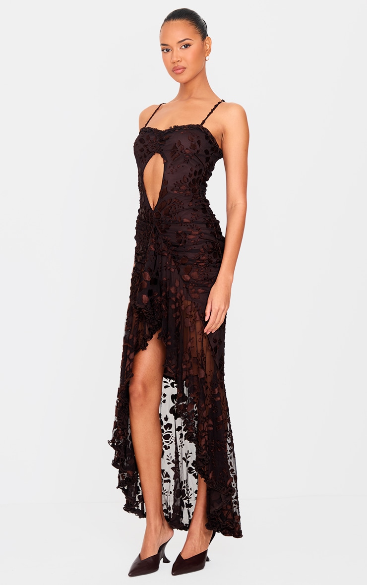 Brown Devore Cut Out Frill Detail Dress | Dresses | PLT