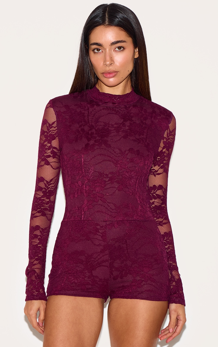 Plum Lace Lined Long Sleeve Boat Neck Playsuit | Dresses | PLT