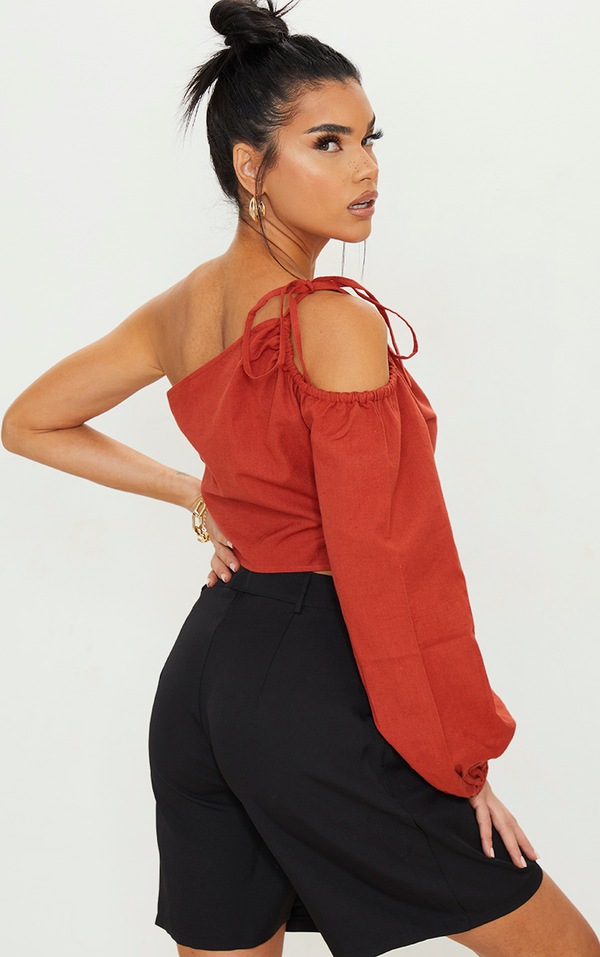 Rust Linen Ruched One Shoulder Cut Out Crop Top | Tops | PLT