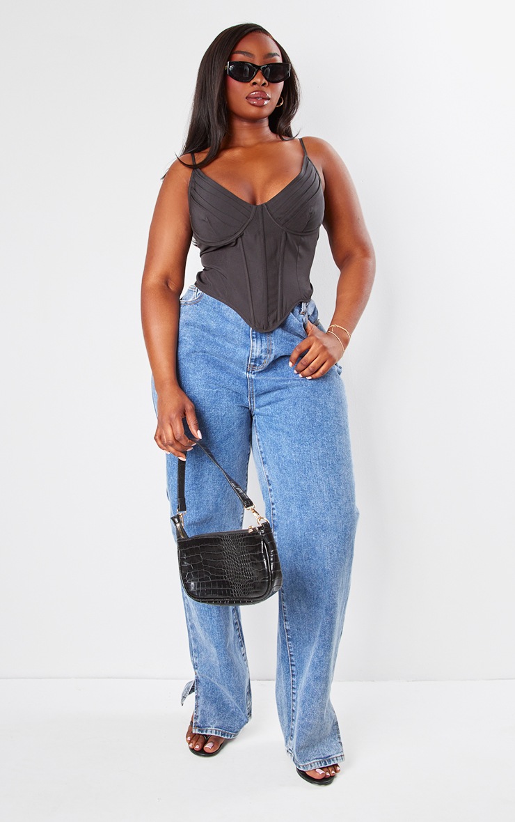 Plus Black V Neck Boning Detail Corset Top | Plus Size | PLT