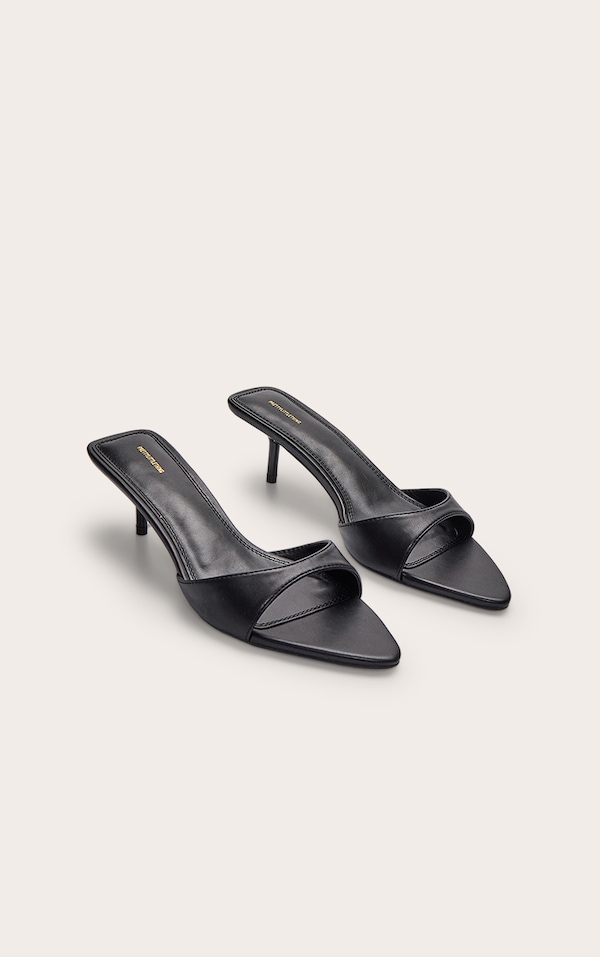 Black Thin Strap Low Stiletto Heeled Mules | Footwear | PLT