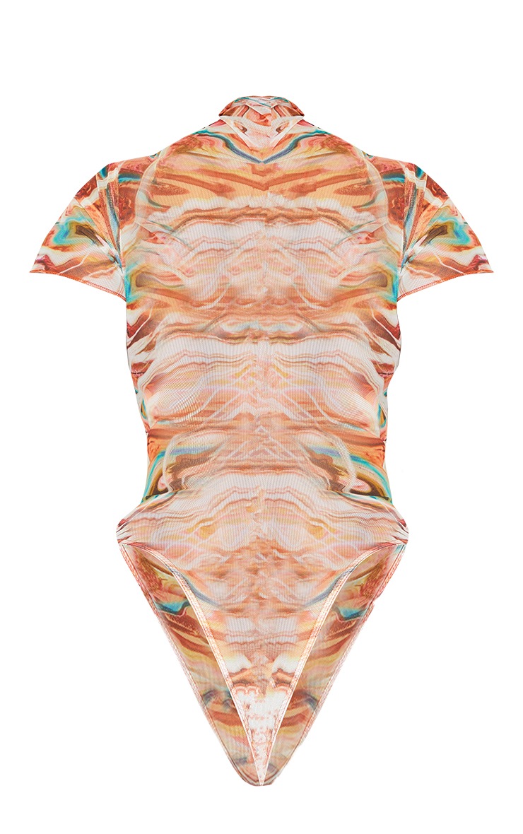 Plus Brown Marble Print Short Sleeve Mesh Bodysuit | Plus Size ...