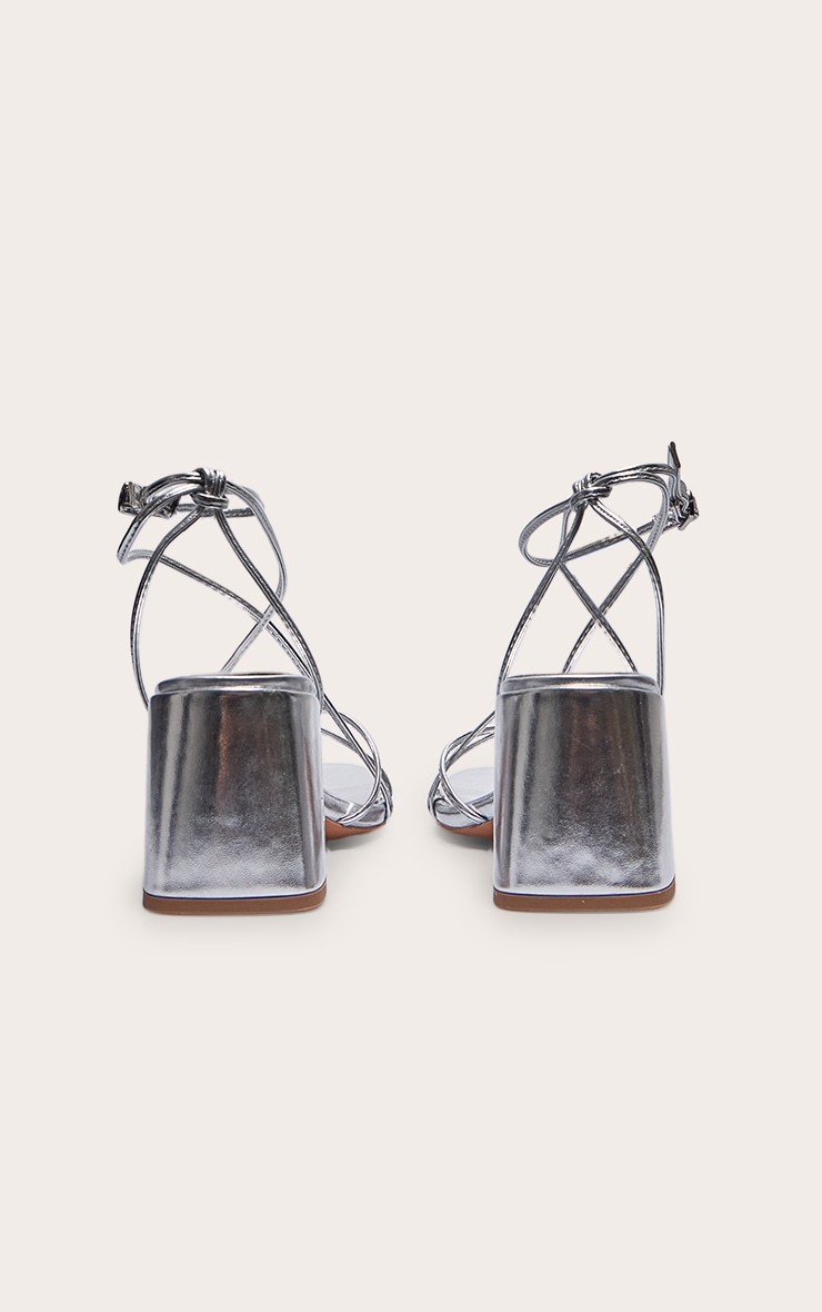 Silver Round Toe Strappy Mid Block Heeled Sandals | Footwear | PLT