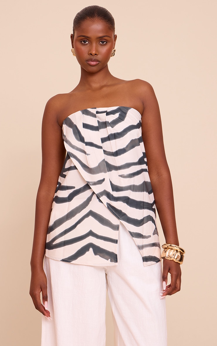 Zebra Floaty Woven Split Hem Bandeau Long Top | Tops | PLT USA