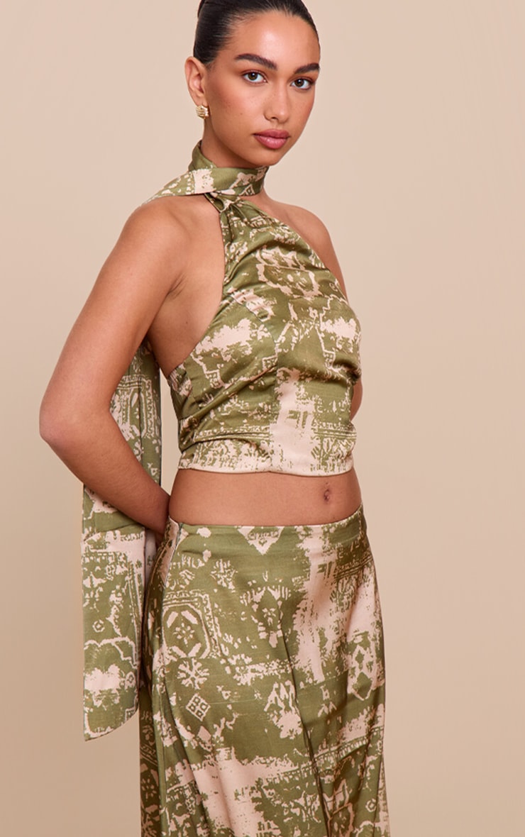 Khaki Printed Satin Scarf Detail Crop Top | Co-ords | PLT